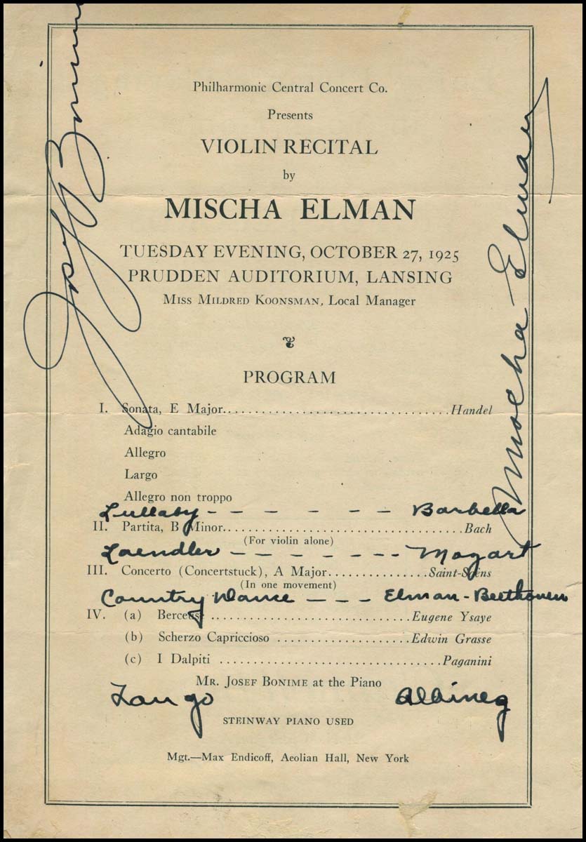 Elman, Mischa. (1891-1967) Signed Program – Schubertiade Music and Arts