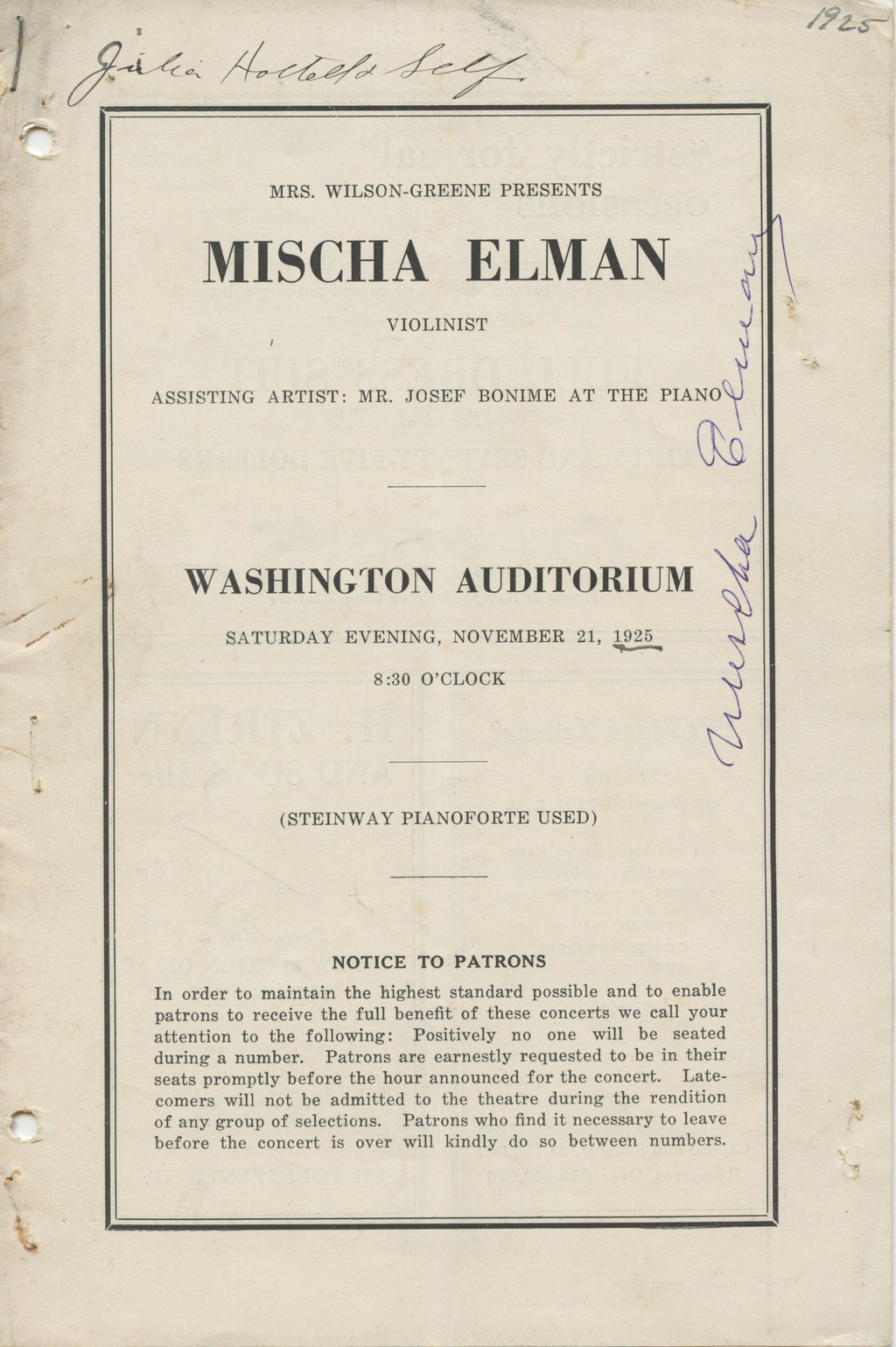 Elman, Mischa. (1891–1967) Signed Program – Schubertiade Music and Arts