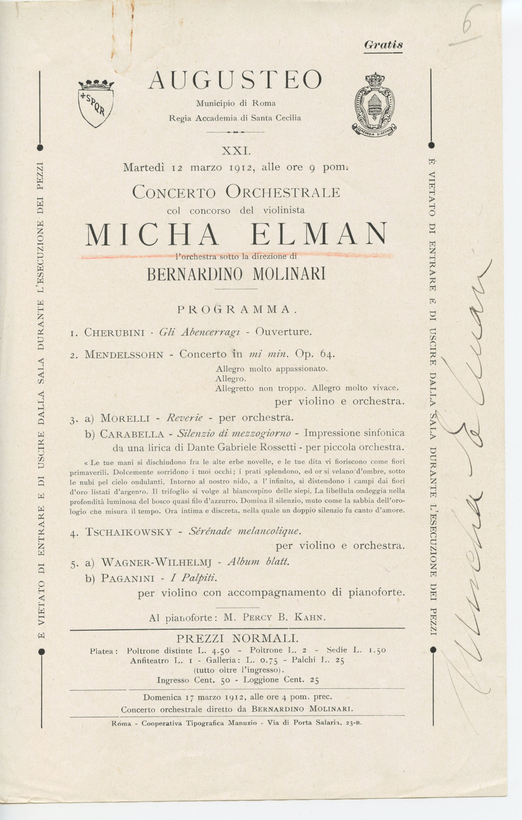 Elman, Mischa. (1891–1967) Signed Program – Schubertiade Music and Arts