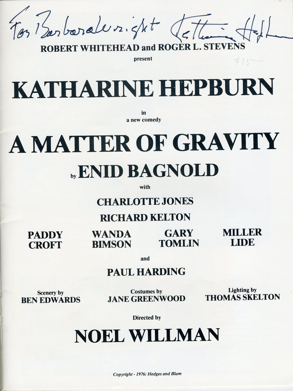 Hepburn, Katharine. (1907–2003) "A Matter of Gravity" - Signed Souveni – Schubertiade Music and Arts