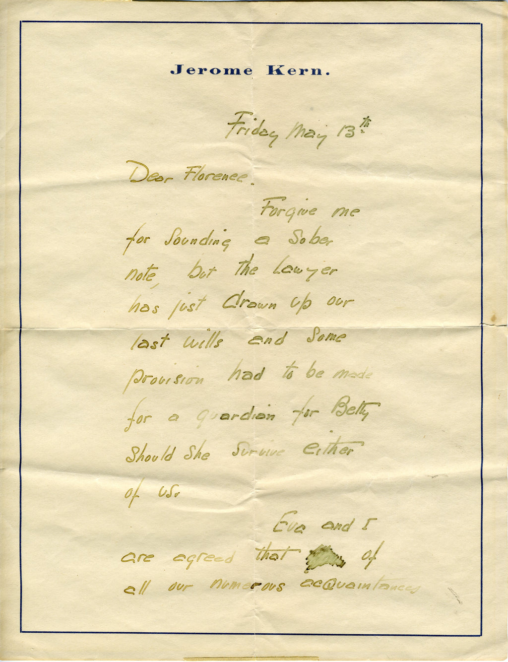 Kern, Jerome. (1885–1945) Important Autograph Letter – Schubertiade ...