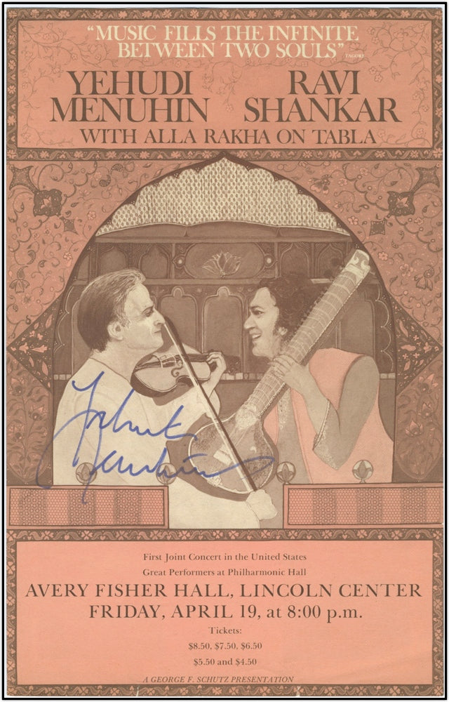 Menuhin, Yehudi. (1916–1999) Signed Broadside with Ravi Shankar – Schubertiade Music and Arts