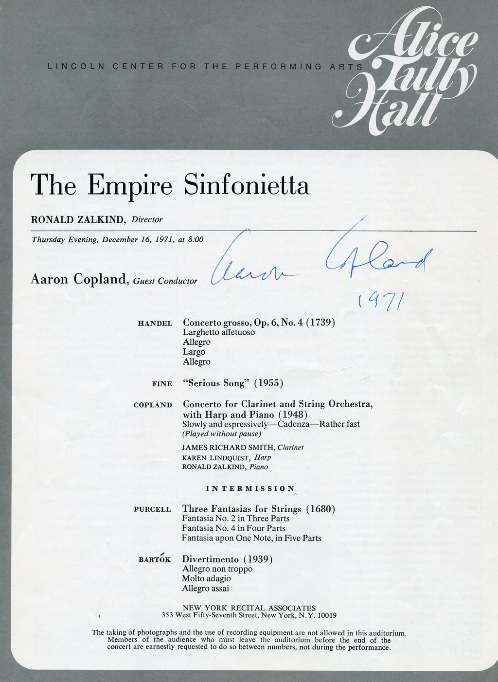 Copland, Aaron. (1900-1990) Signed Program – Schubertiade Music and Arts