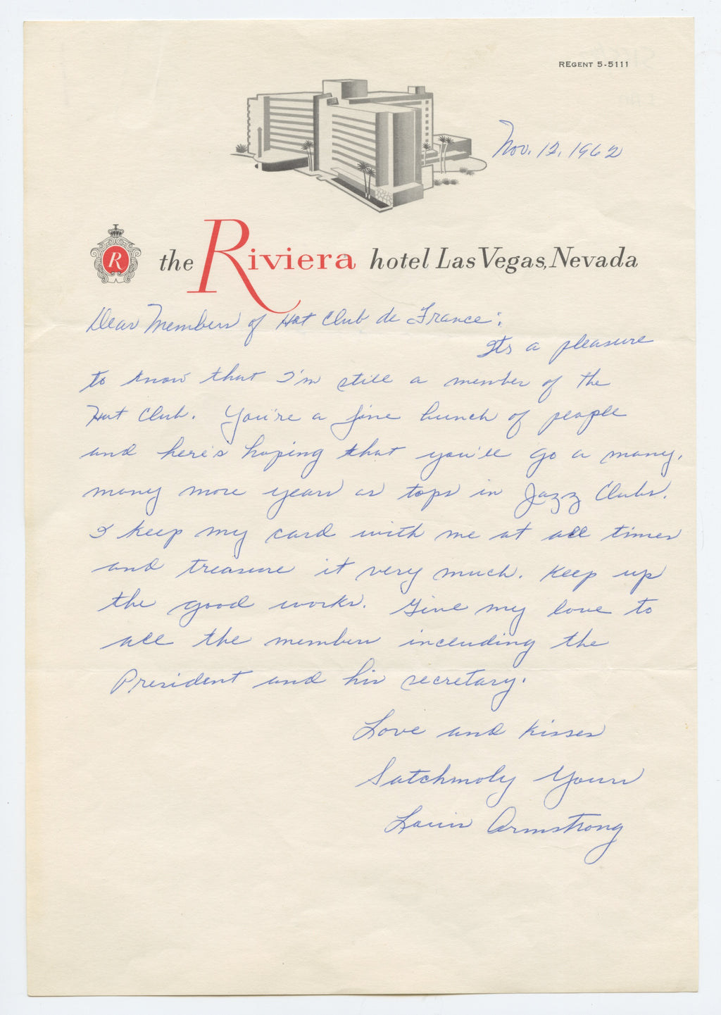 Armstrong, Louis. (1901–1971) Letter to the Hot Club de France ...