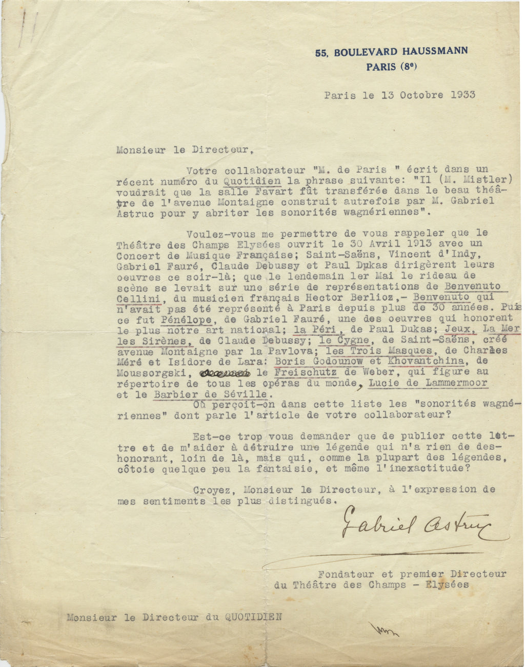 Astruc, Gabriel. (1864 - 1938) Important Typed Letter, defending the ...