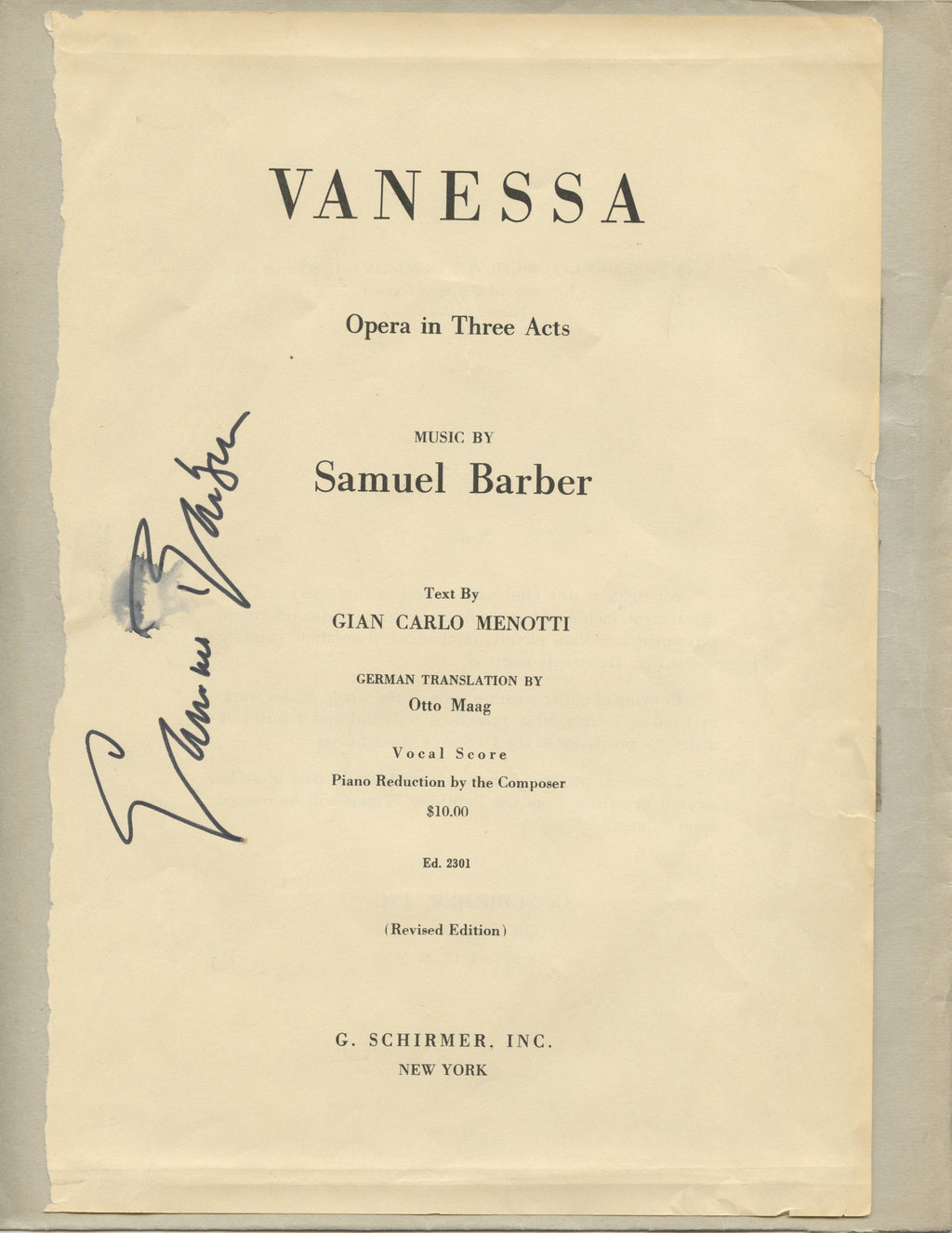 Barber, Samuel. (1910–1981) Signed Title Page from "Vanessa ...