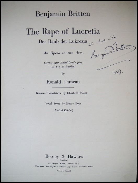 Britten, Benjamin. (1913–1976) "The Rape of Lucretia" - Signed Score ...