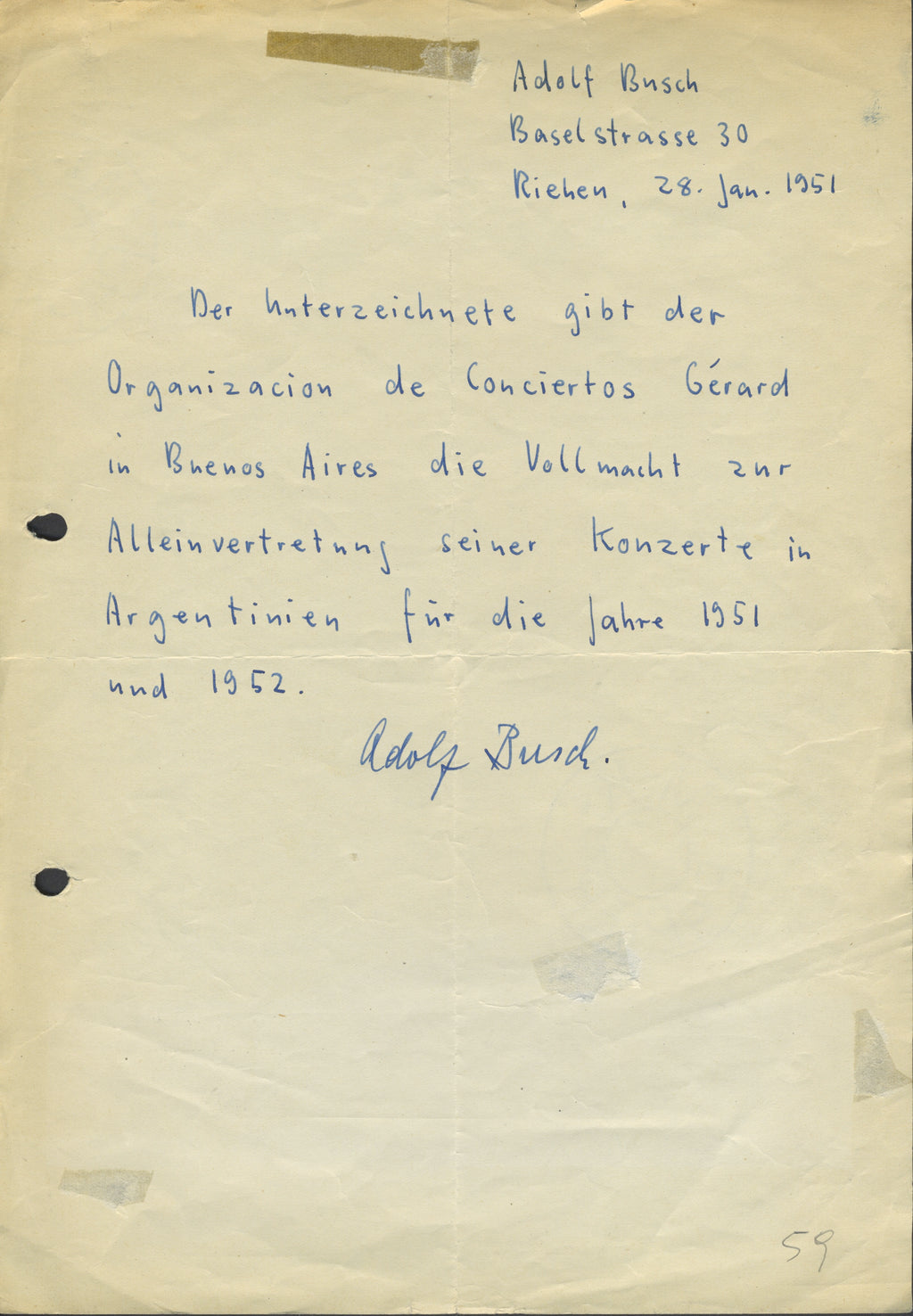 Busch, Adolf. (1891–1952) Autograph Letter about Concert Representatio ...