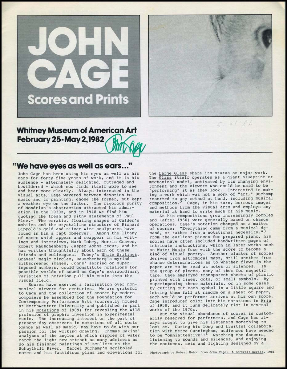 Cage, John. (1912–1992) JOHN CAGE: SCORES AND PRINTS - Signed 1982 Whi ...