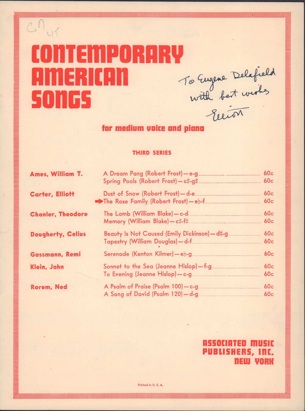 [Frost, Robert. (1874 - 1963)] Carter, Elliott. (1908 - 2012) "The Ros ...