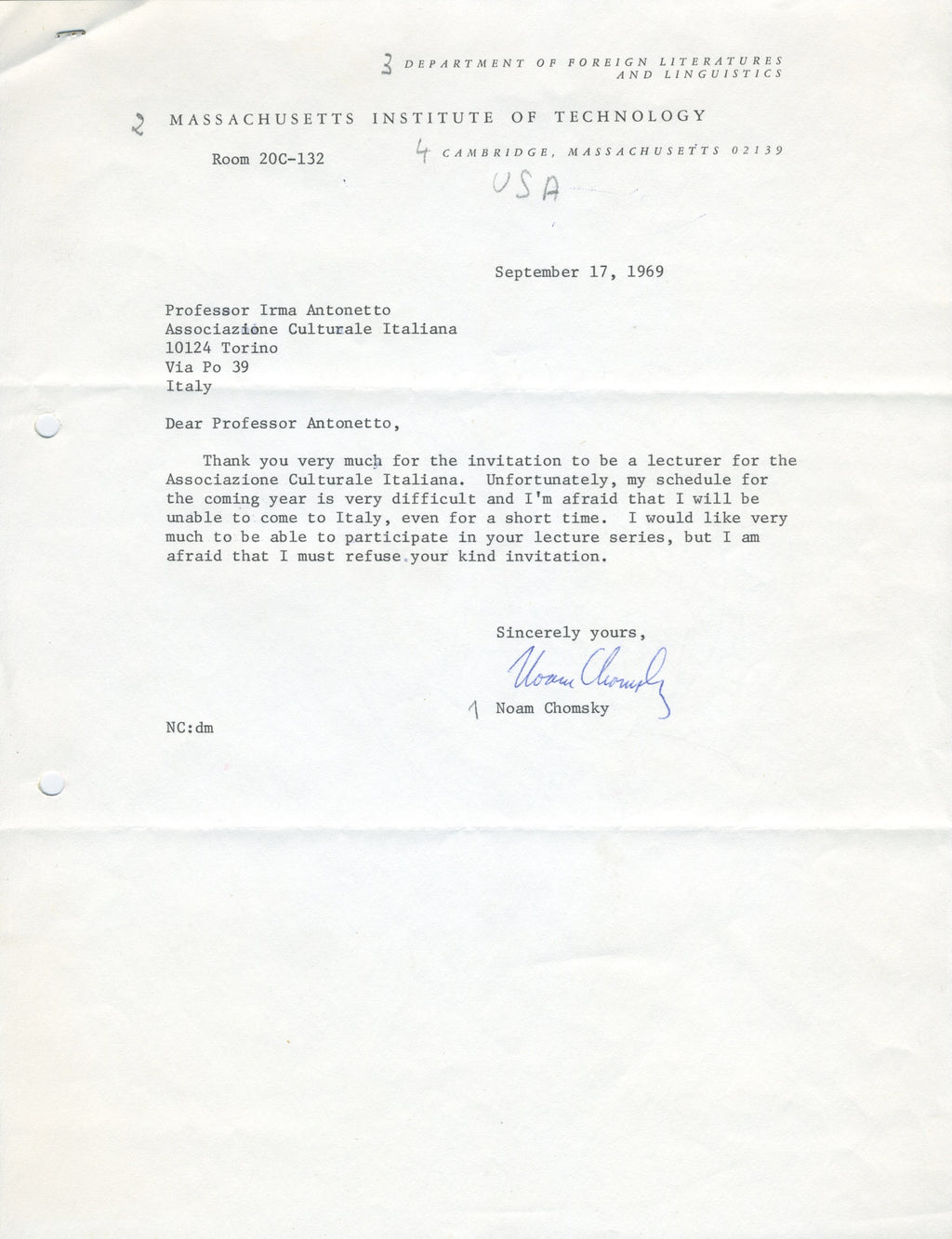 Chomsky, Noam. (b. 1928) Typed Letter Signed – Schubertiade Music and Arts
