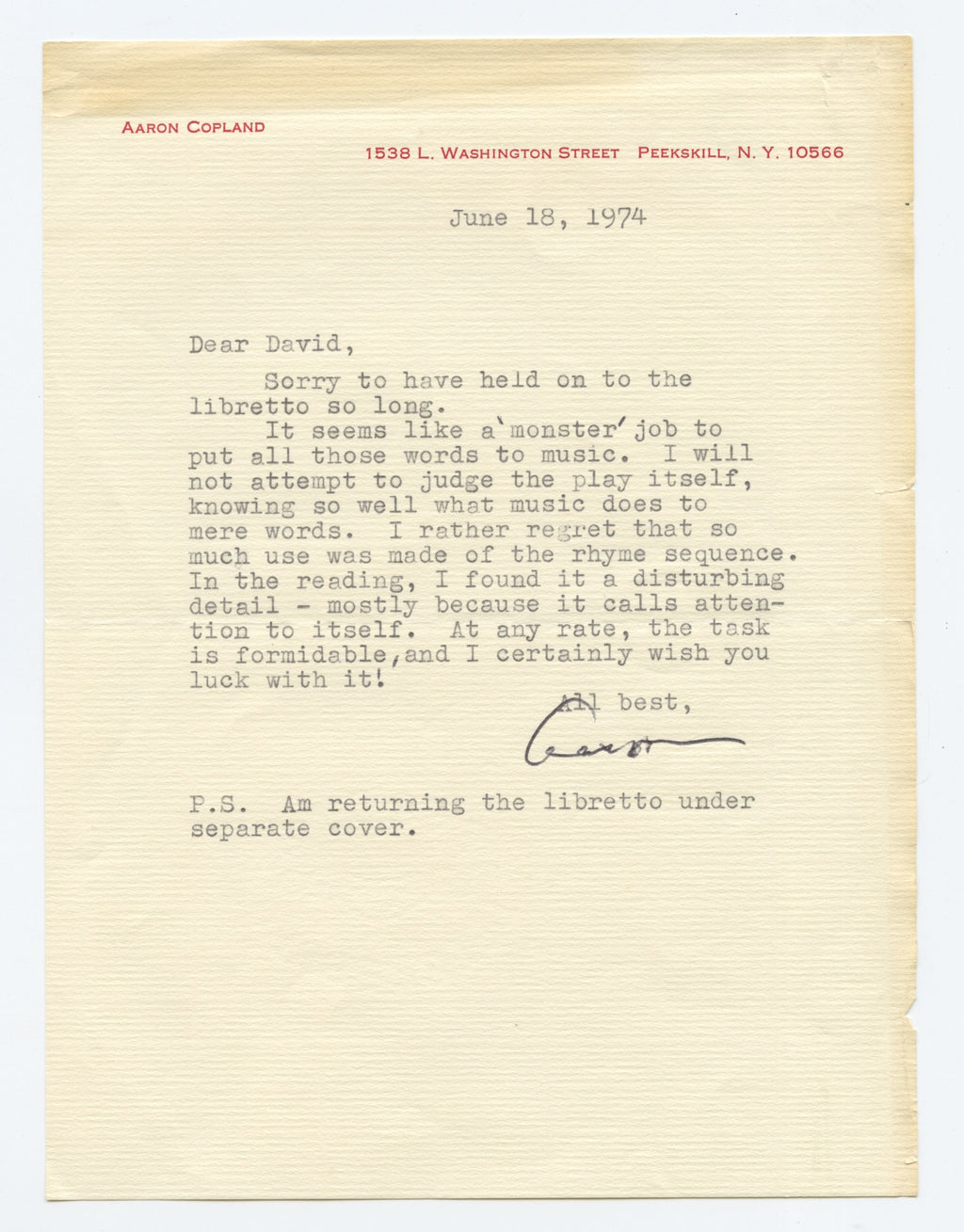 Copland, Aaron. (1900–1990) [Diamond, David. (1915–2005)] Typed Letter ...