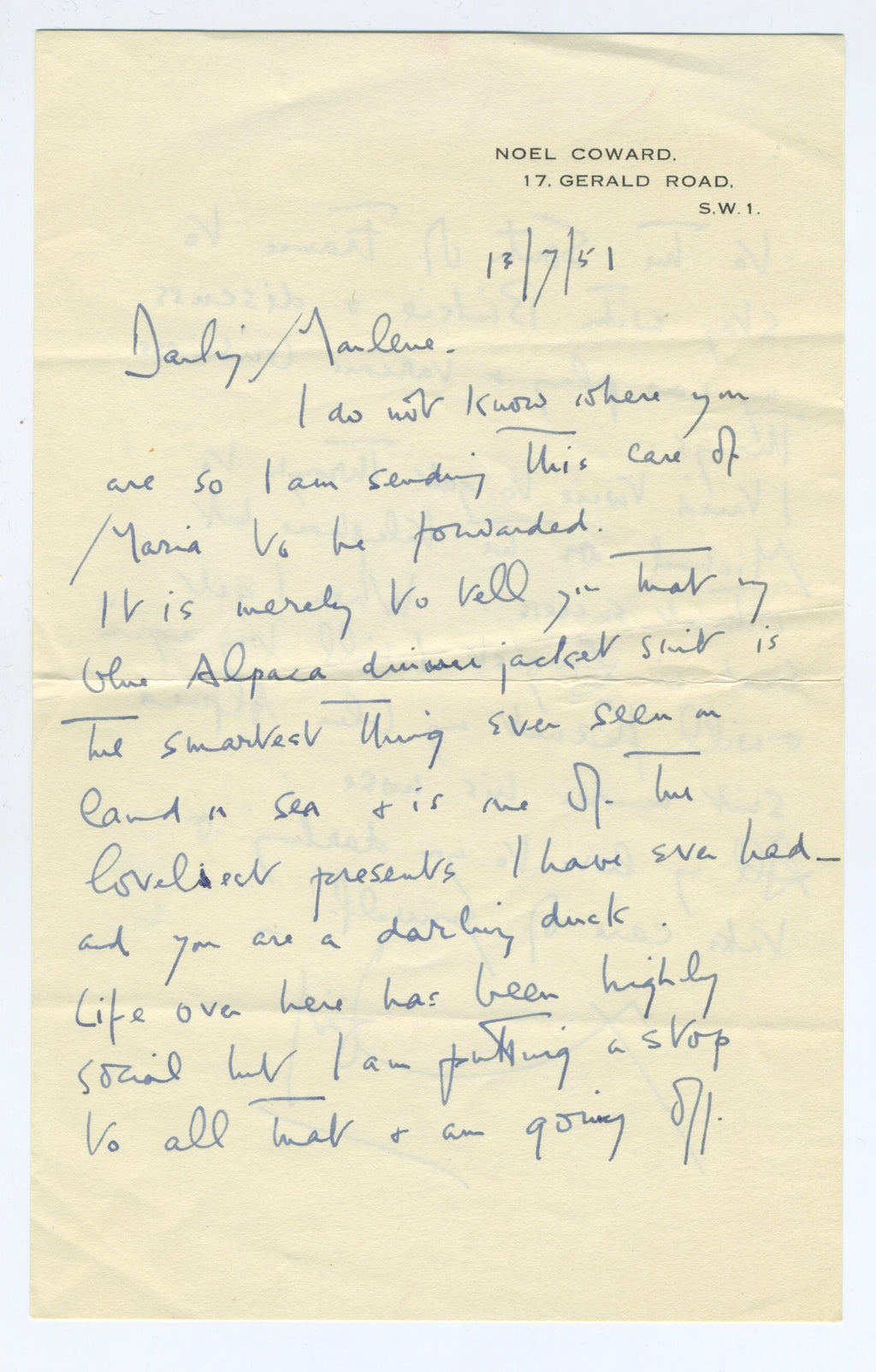 Coward, Noël. (1899-1973) [Dietrich, Marlene (1901-1992)] "My blue alp ...