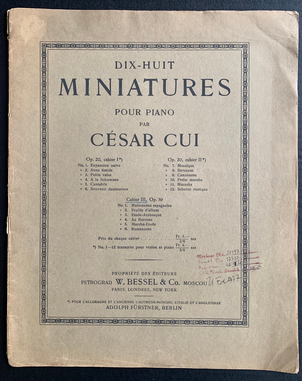 Cui, César. (1835–1918) Dix-Huit Miniatures pour Piano. Cahier III, Op ...