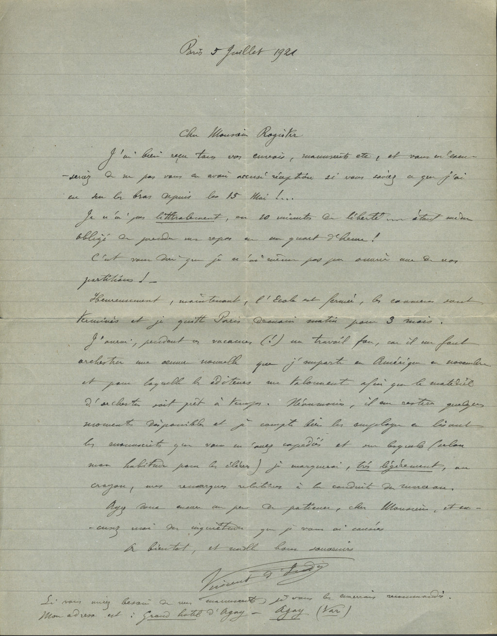 d'Indy, Vincent. (1851–1931) [Rogister, Jean. (1879–1964)] Three Autog ...