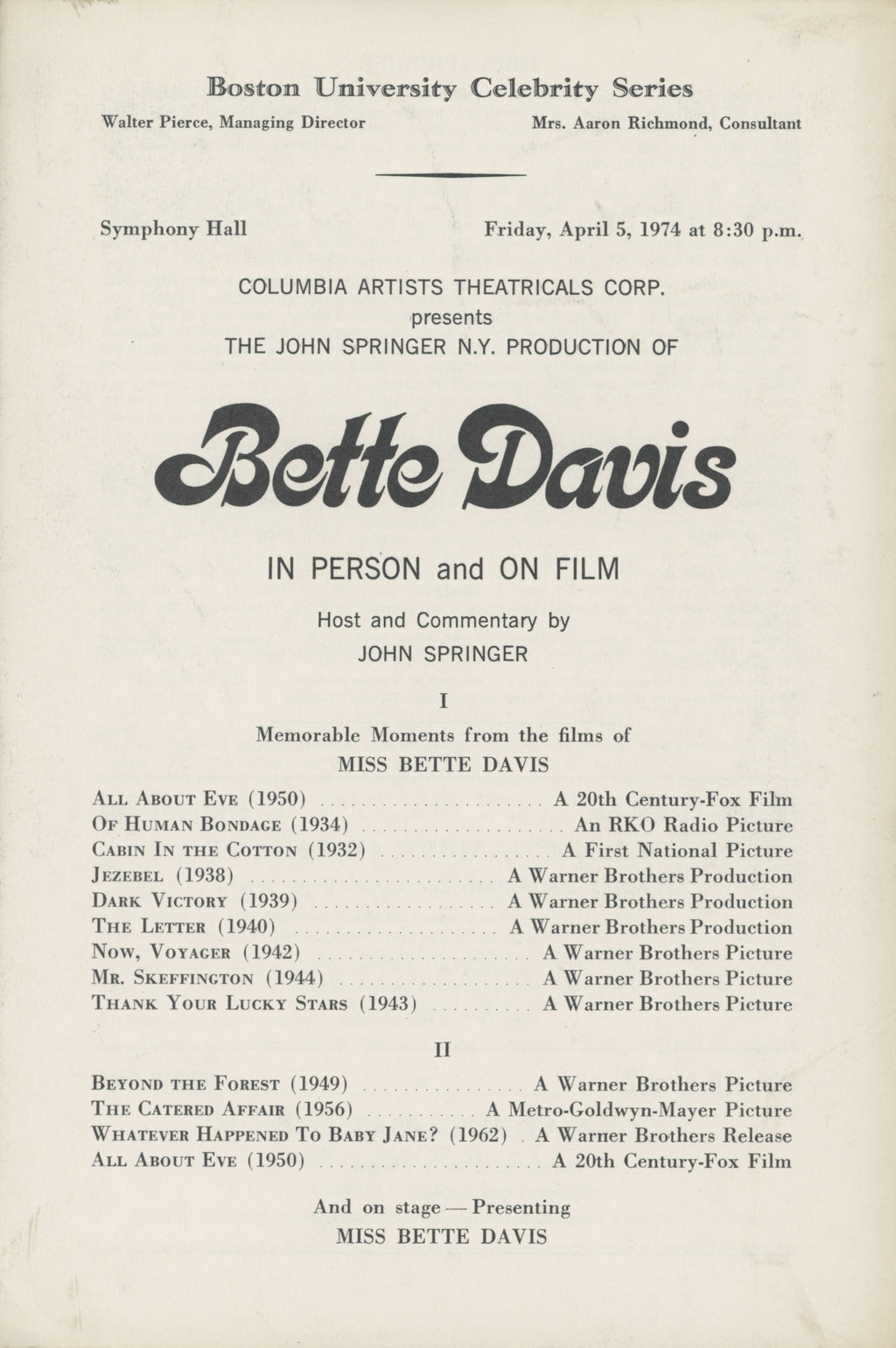 [Davis, Bette. (1908–1989)] "Bette Davis in Person and on Film" - Prog ...