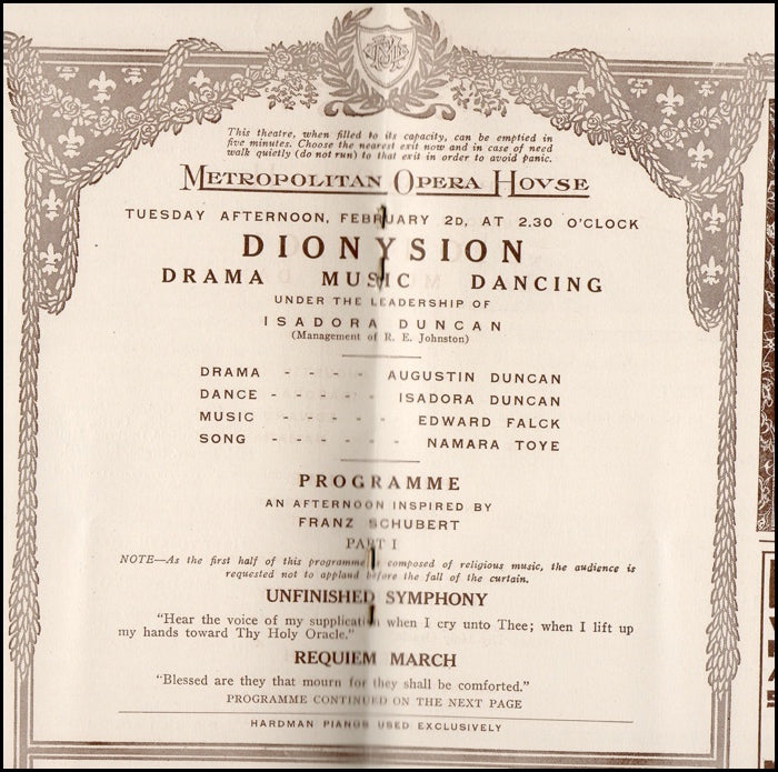 Duncan, Isadora. (1877–1927) 1915 Dance Program – Schubertiade Music ...