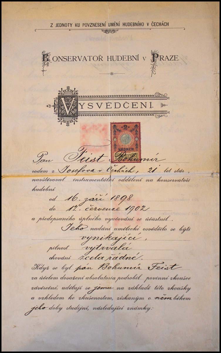Dvorák, Antonín Leopold . (1841 - 1904) Signed Conservatory Diploma ...
