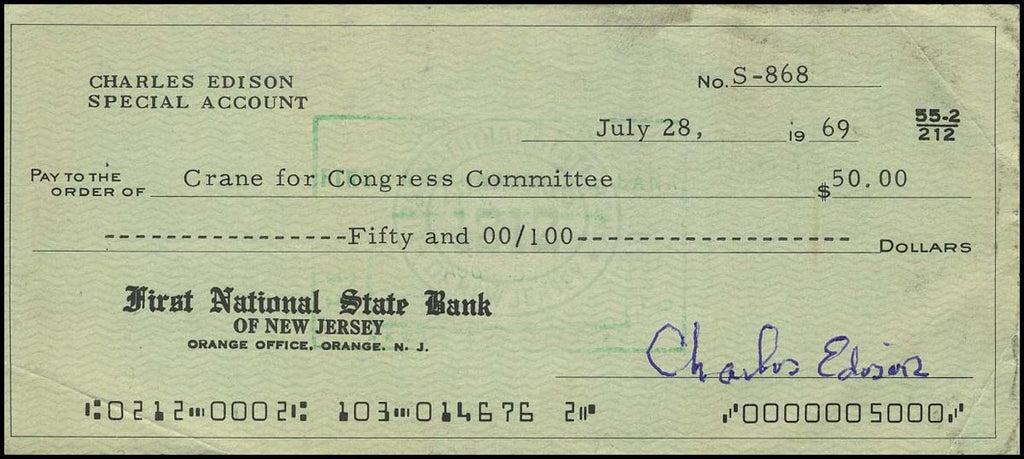 Edison, Thomas. (1847–1931) Check Signed to Phil Crane for Congress Co ...