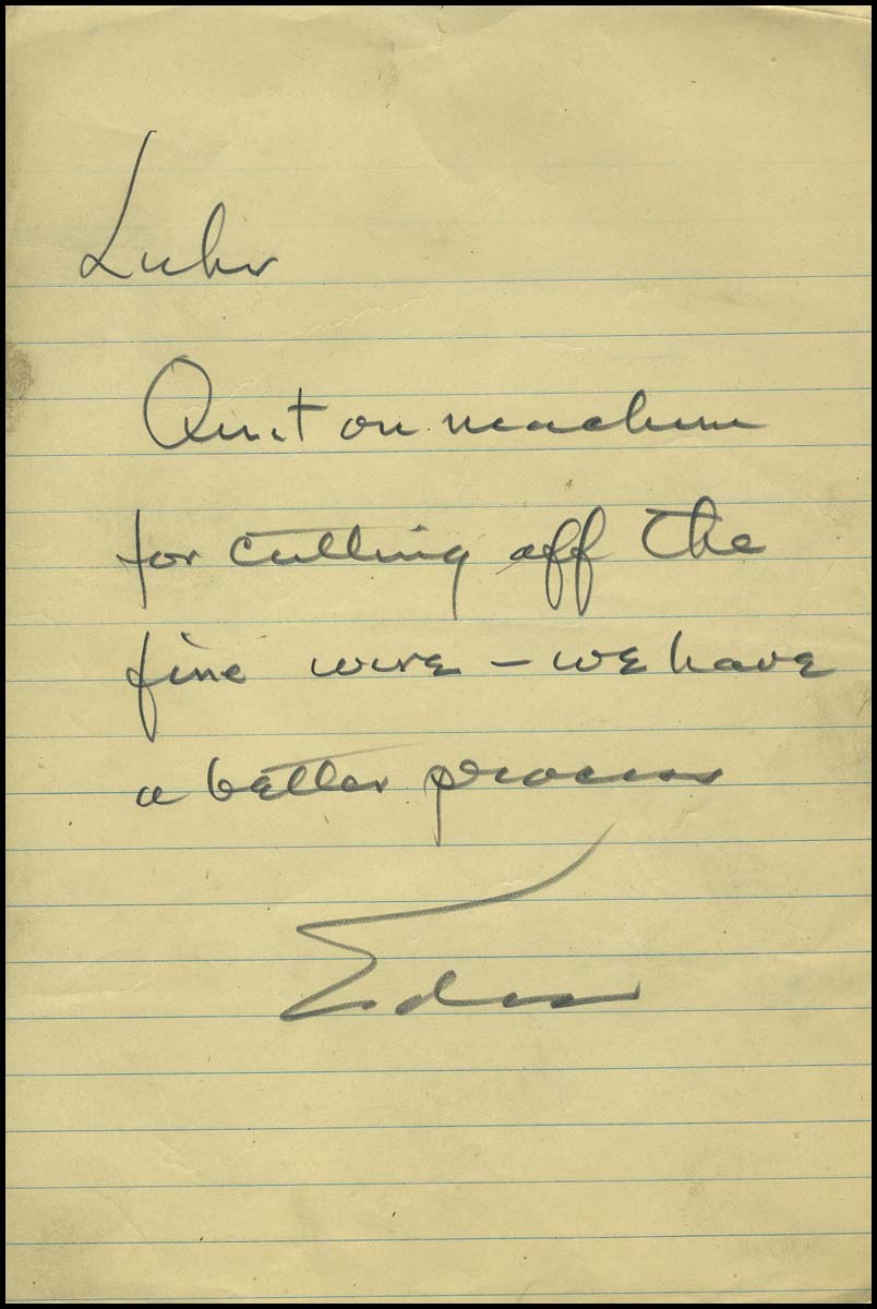 Edison, Thomas. (1847–1931) Autograph Note – Schubertiade Music and Arts