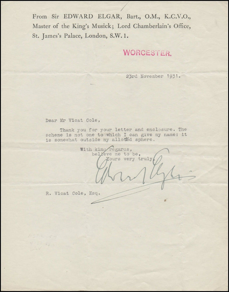Elgar, Edward. (1857 - 1934) Signed Letter – Schubertiade Music and Arts