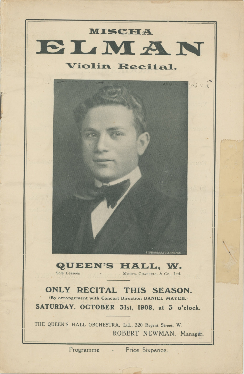 Elman, Mischa. (1891–1967) 1908 Violin Recital Program – Schubertiade ...