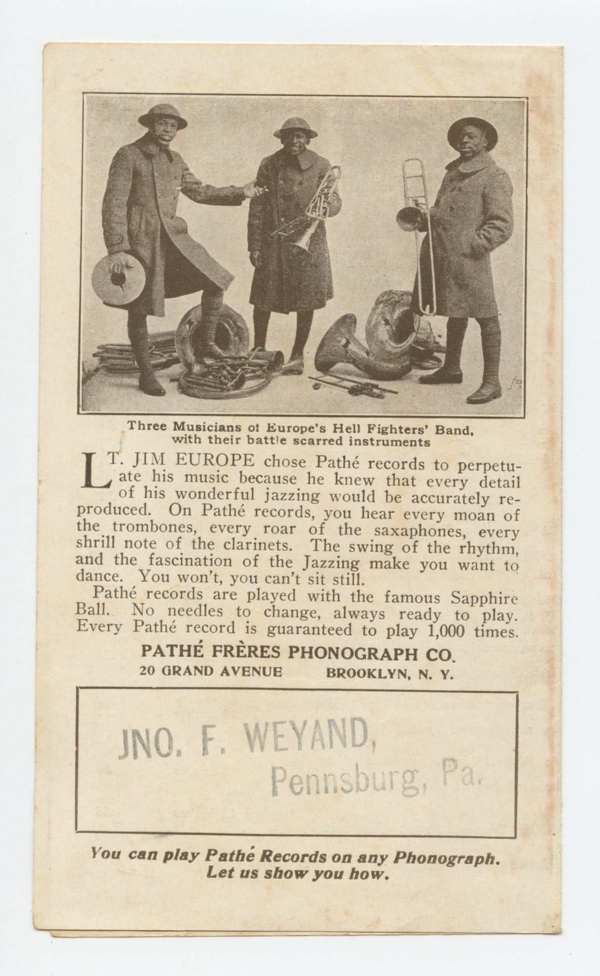 Europe, James Reece "Jim". (1881–1919) Flyer by Pathé Records ...