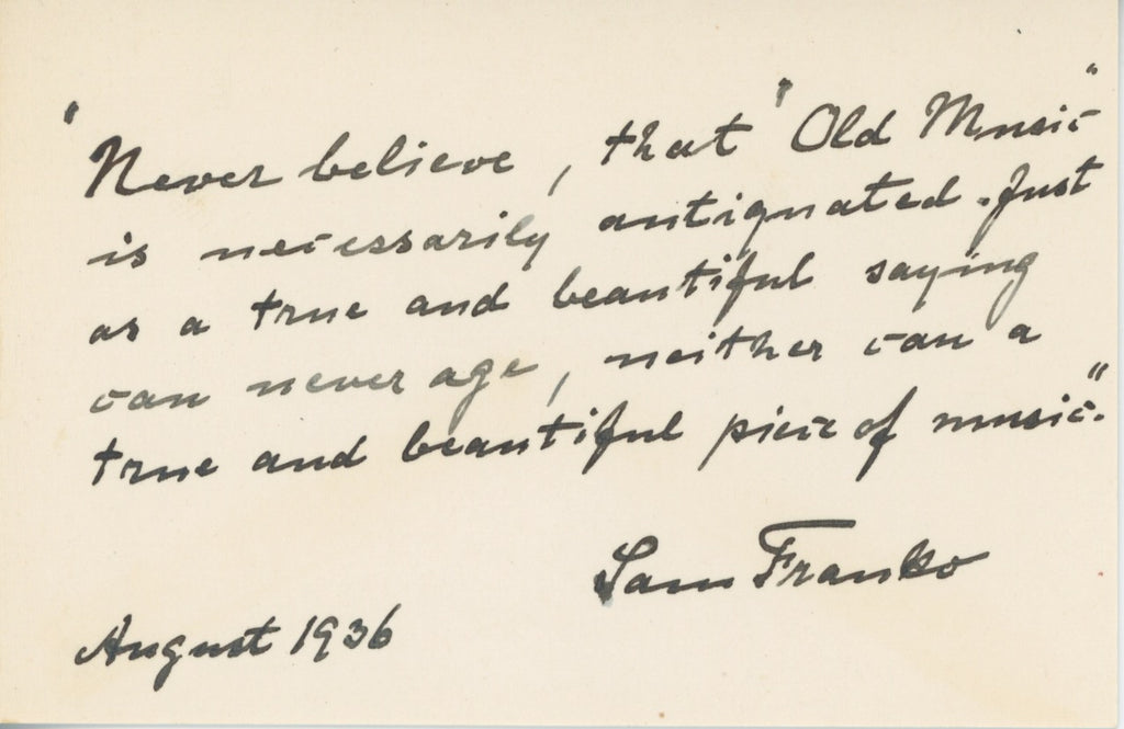 Franko, Sam. (1857-1937) Autograph Statement about True Music ...