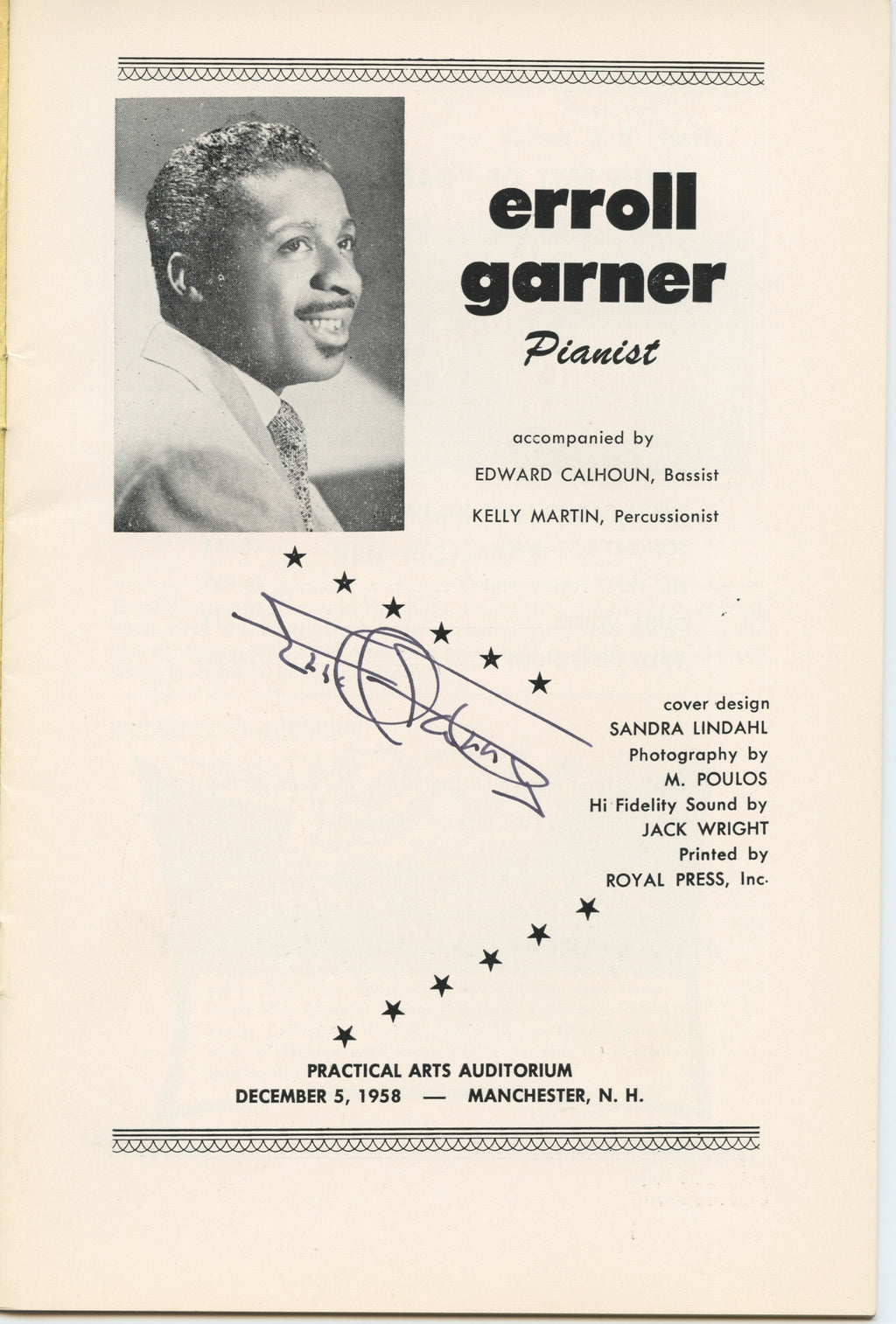 Garner, Erroll. (1923–1977) Signed Program – Schubertiade Music and Arts
