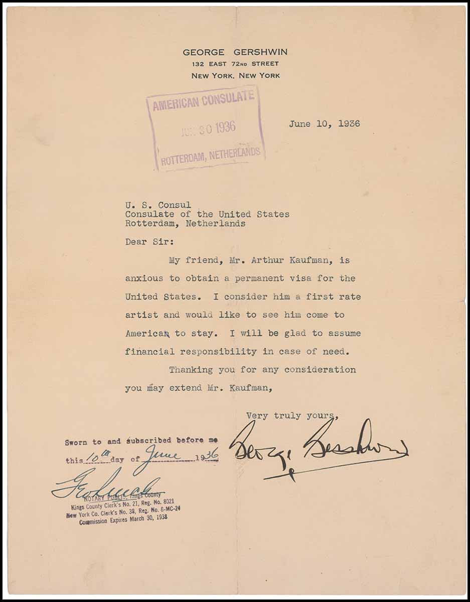 Gershwin, George. (1898–1937) Signed Letter vouching for the painter A ...