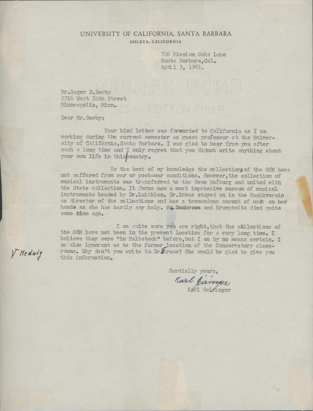 [Gesellschaft der Musikfreunde] Geiringer, Karl. (1899–1989) Typed Let ...