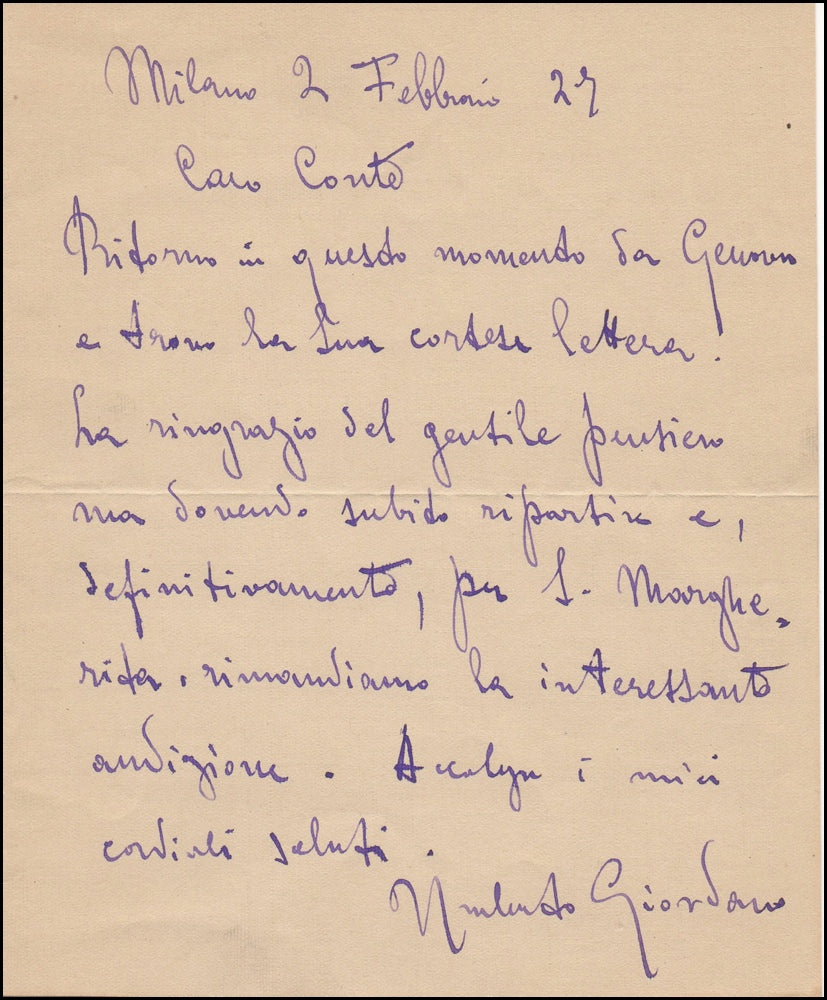 Giordano, Umberto. (1867 - 1948) Autograph Letter – Schubertiade Music ...