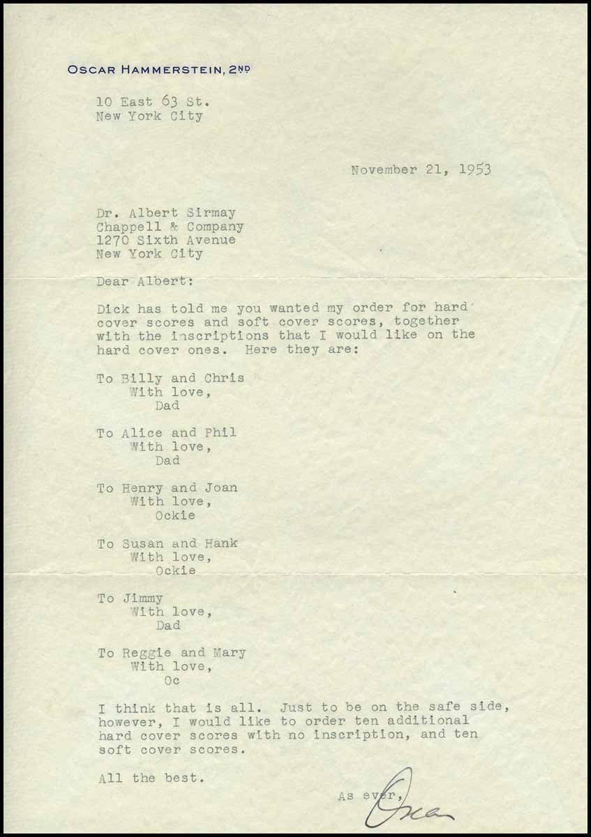 Hammerstein, Oscar. (1895-1960) Signed Letter ordering Inscribed Copie ...