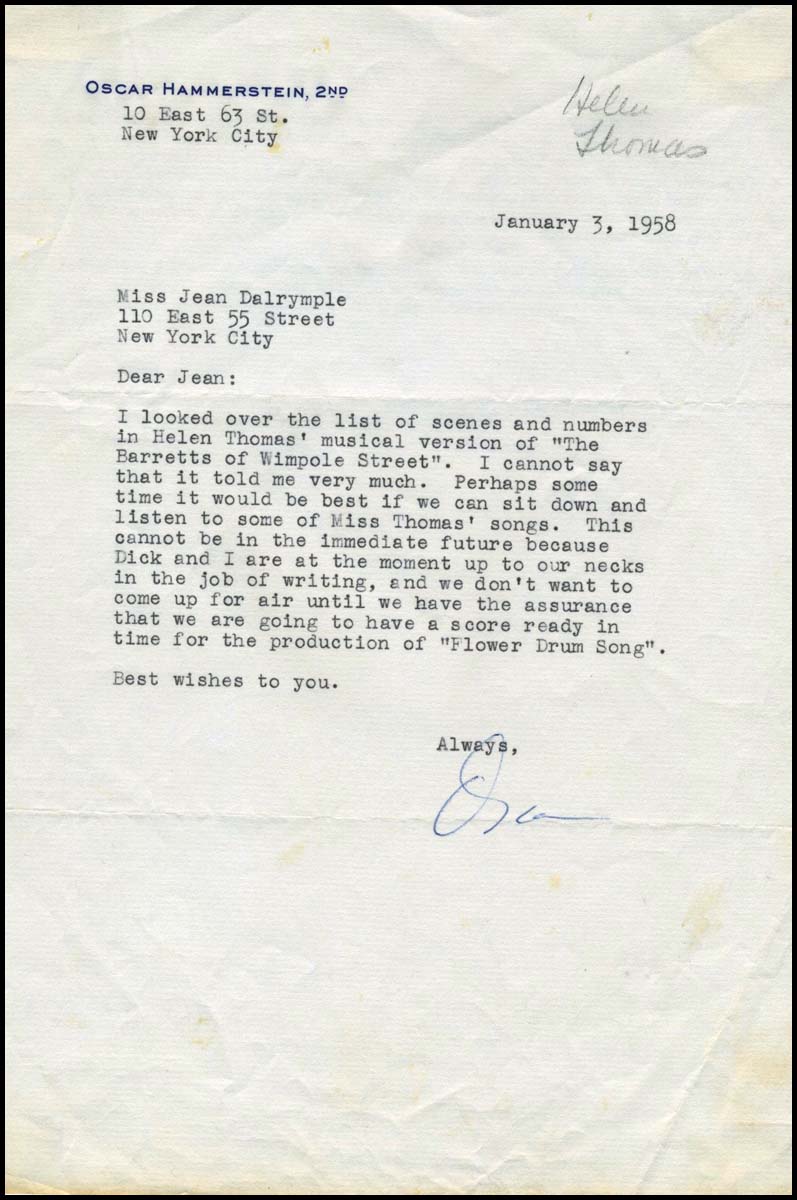 Hammerstein, Oscar. (1895-1960) Signed Letter during Preparation of "F ...