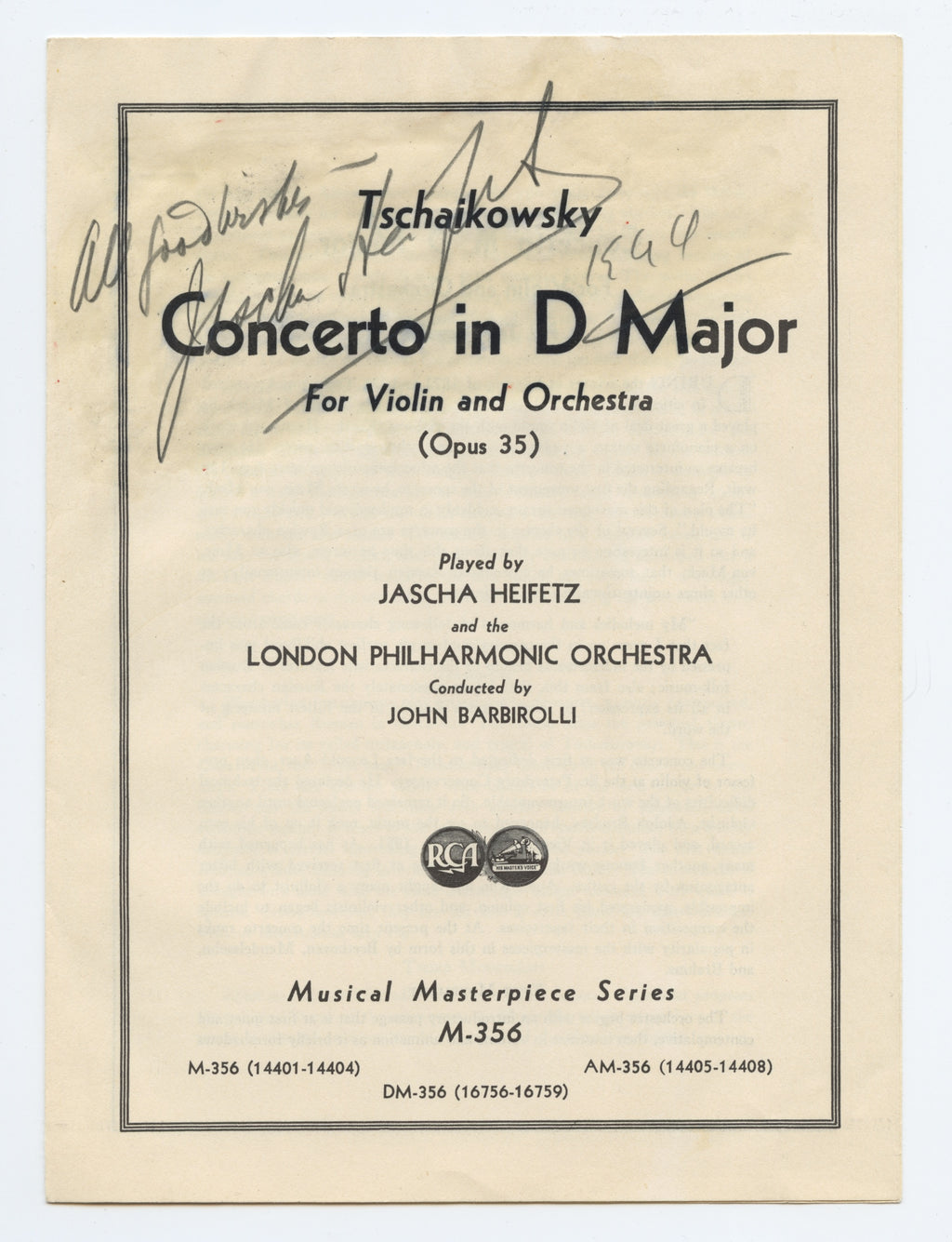 Heifetz, Jascha. (1901–1987) Signed Liner Notes Booklet – Schubertiade ...