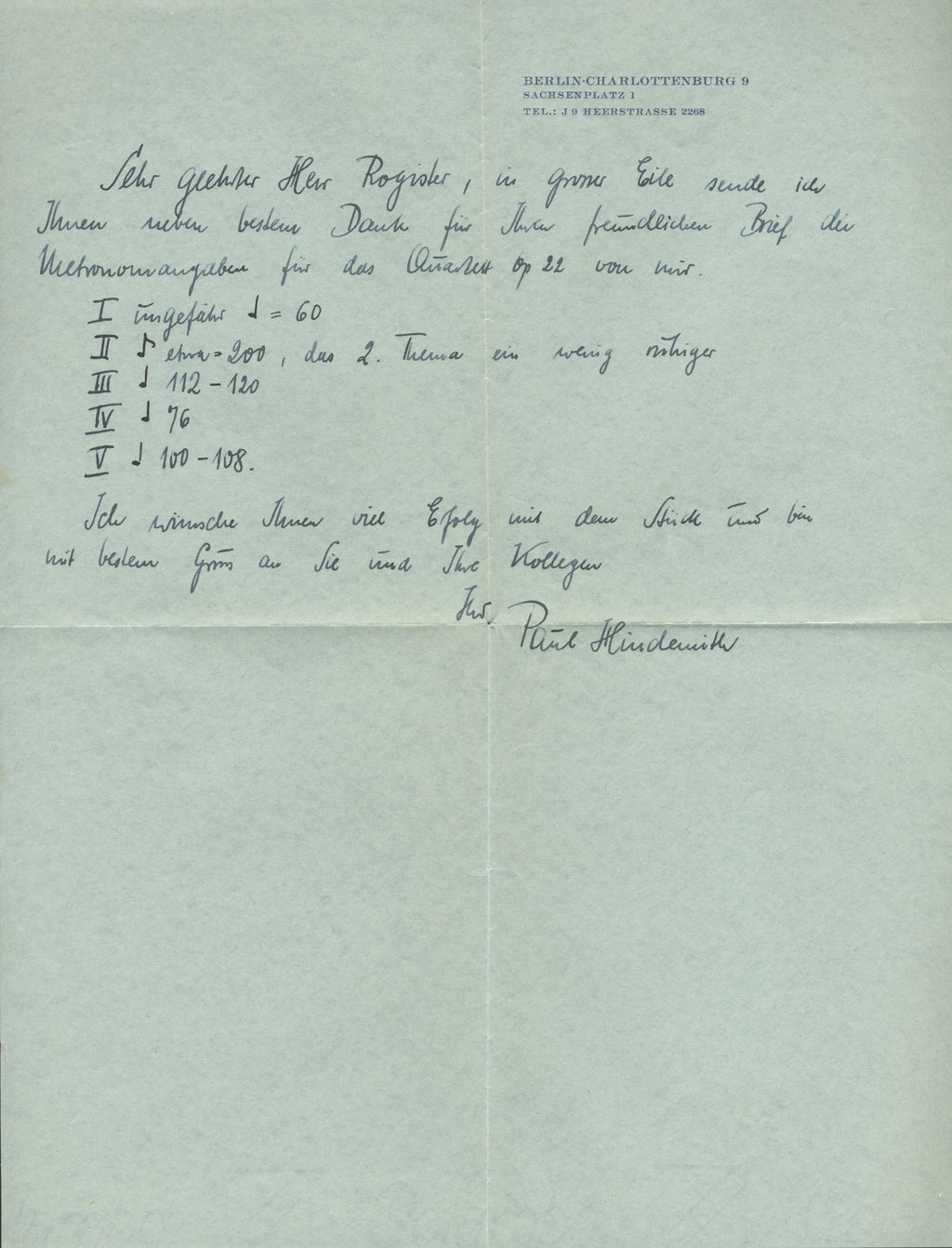 Hindemith, Paul. (1895–1963) [Rogister, Jean. (1879–1964)] Autograph L ...