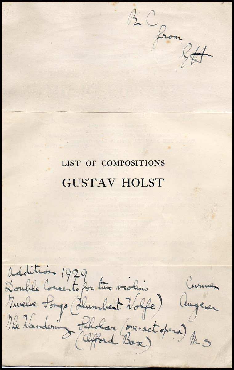 Holst, Gustav. (1874 - 1934) Signed and Annotated List of Compositions ...