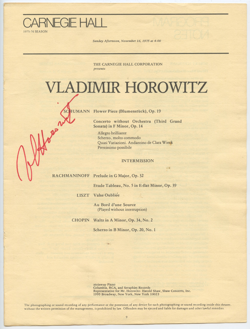 Horowitz, Vladimir. (1903–1989) Signed Program – Schubertiade Music and ...