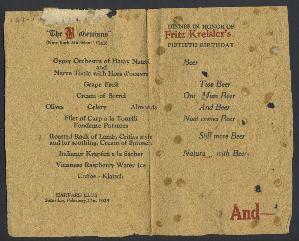 Kreisler, Fritz. (1875–1962) Original Dinner Menu from his Fiftieth Bi ...