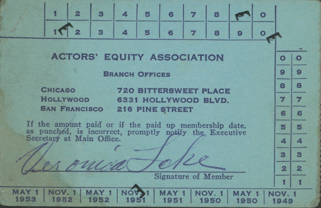 Lake, Veronica. (1922-1973) Signed Actor's Equity Card – Schubertiade ...