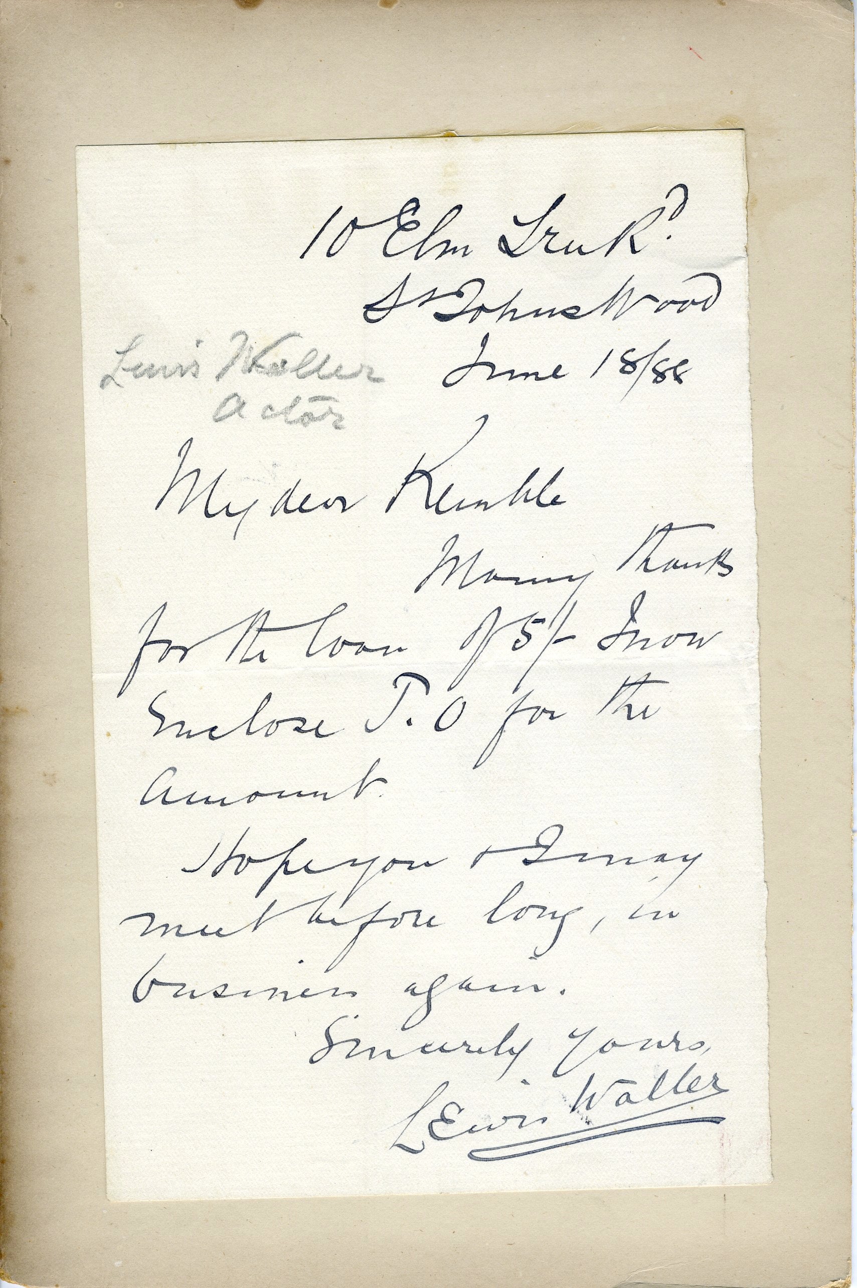 Langtry, Lillie. (1853–1929) Autograph Note to Henry Kemble ...