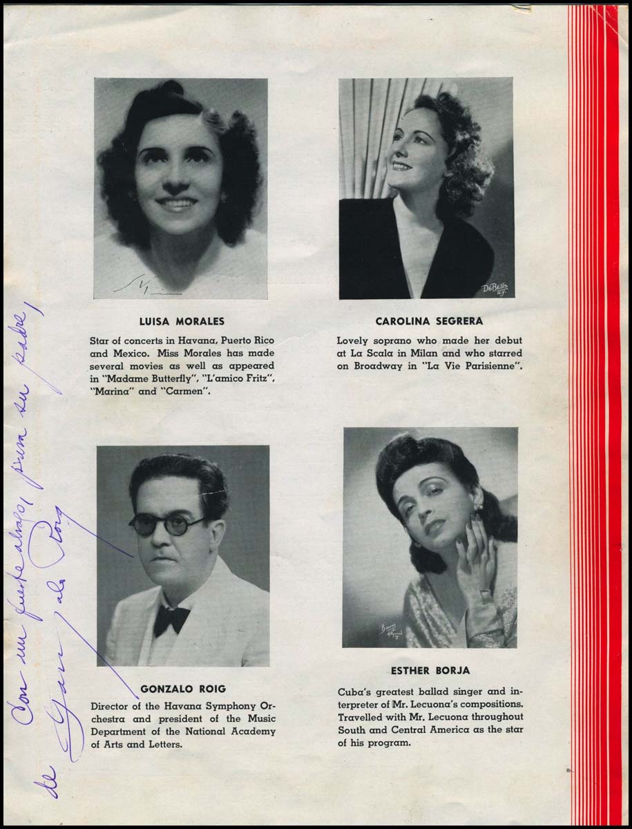 [Cuban Music] Roig, Gonzalo. (1890 - 1970) Signed Ernesto Lecuona Prog ...