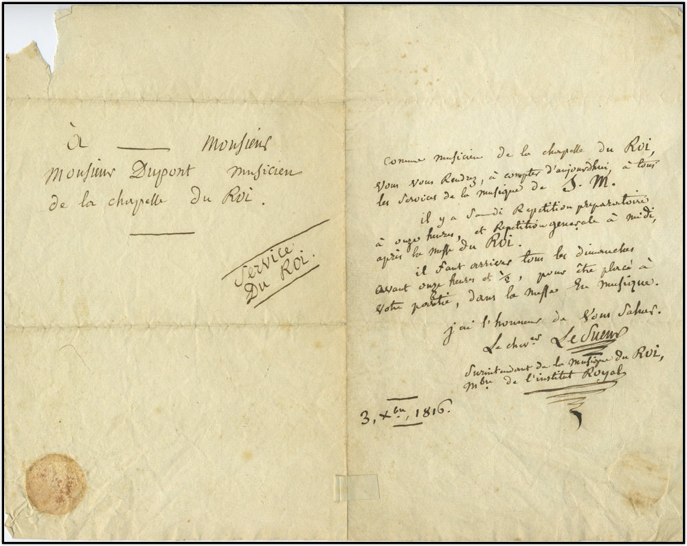 Lesueur, Jean-Francois. (1760-1837) Autograph Letter to Alexis Dupont ...