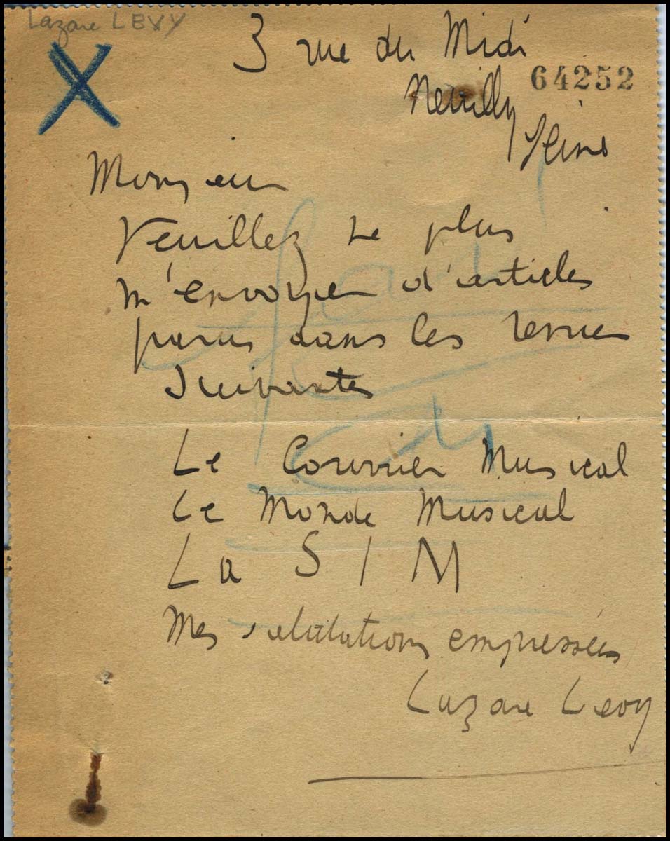 Levy, Lazare. (1882-1964) Autograph Letter – Schubertiade Music and Arts