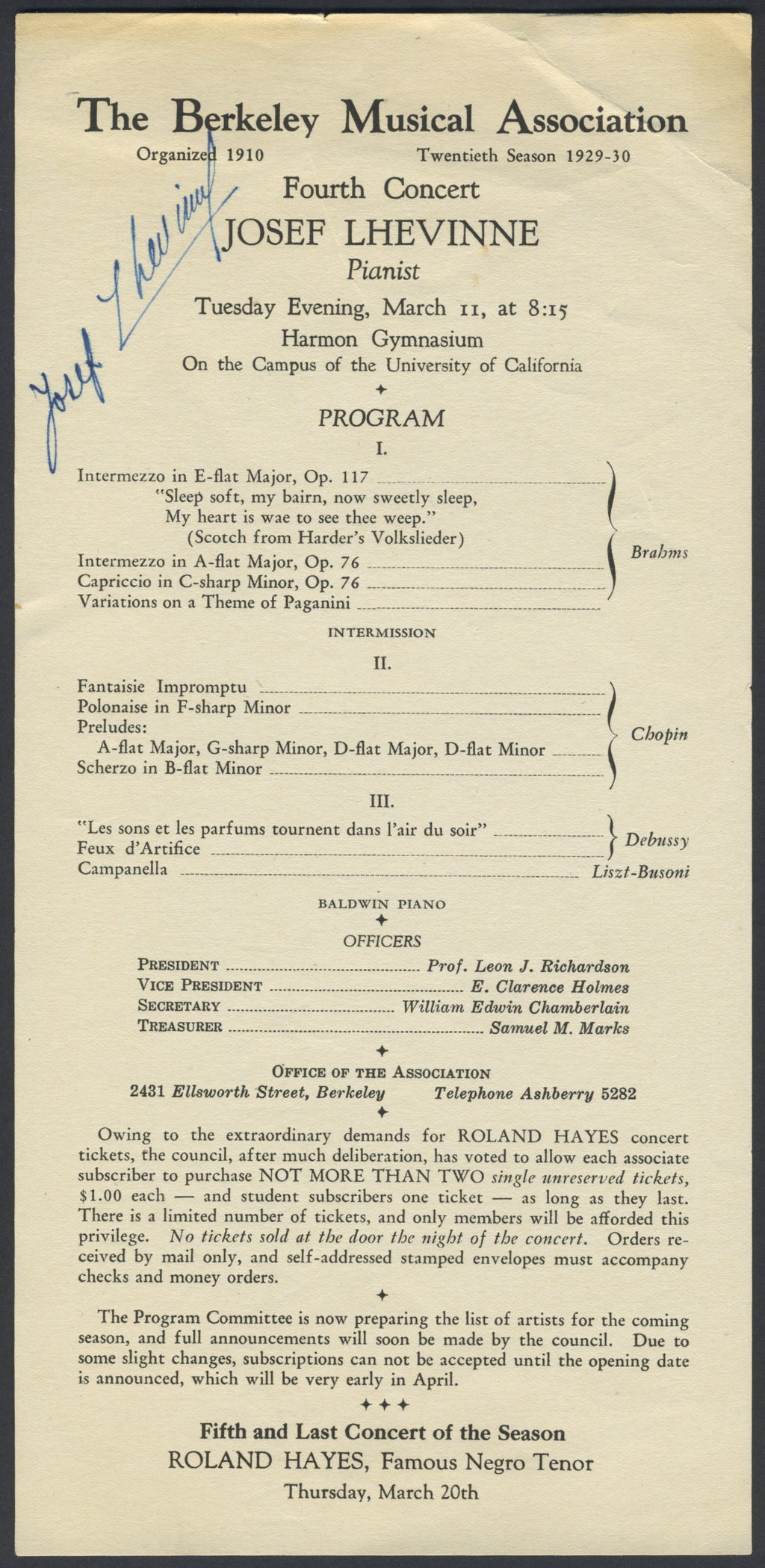 Lhévinne, Josef. (1874 - 1944) Signed Program – Schubertiade Music and Arts