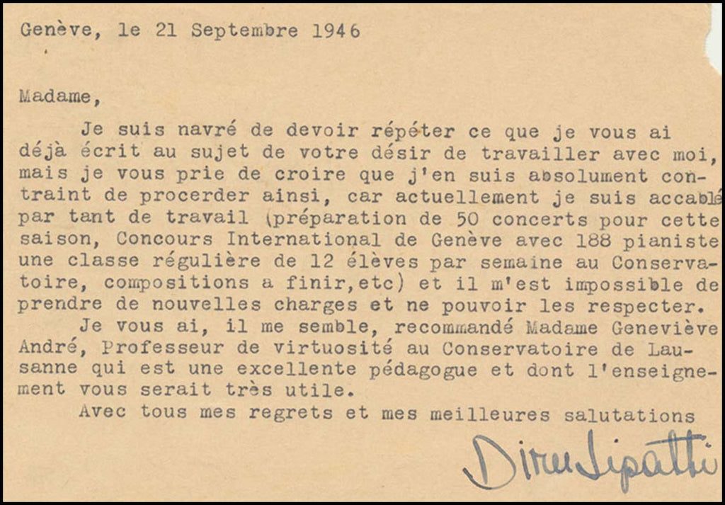Lipatti, Dinu. (1917-1950) Typed Letter Signed – Schubertiade Music and ...