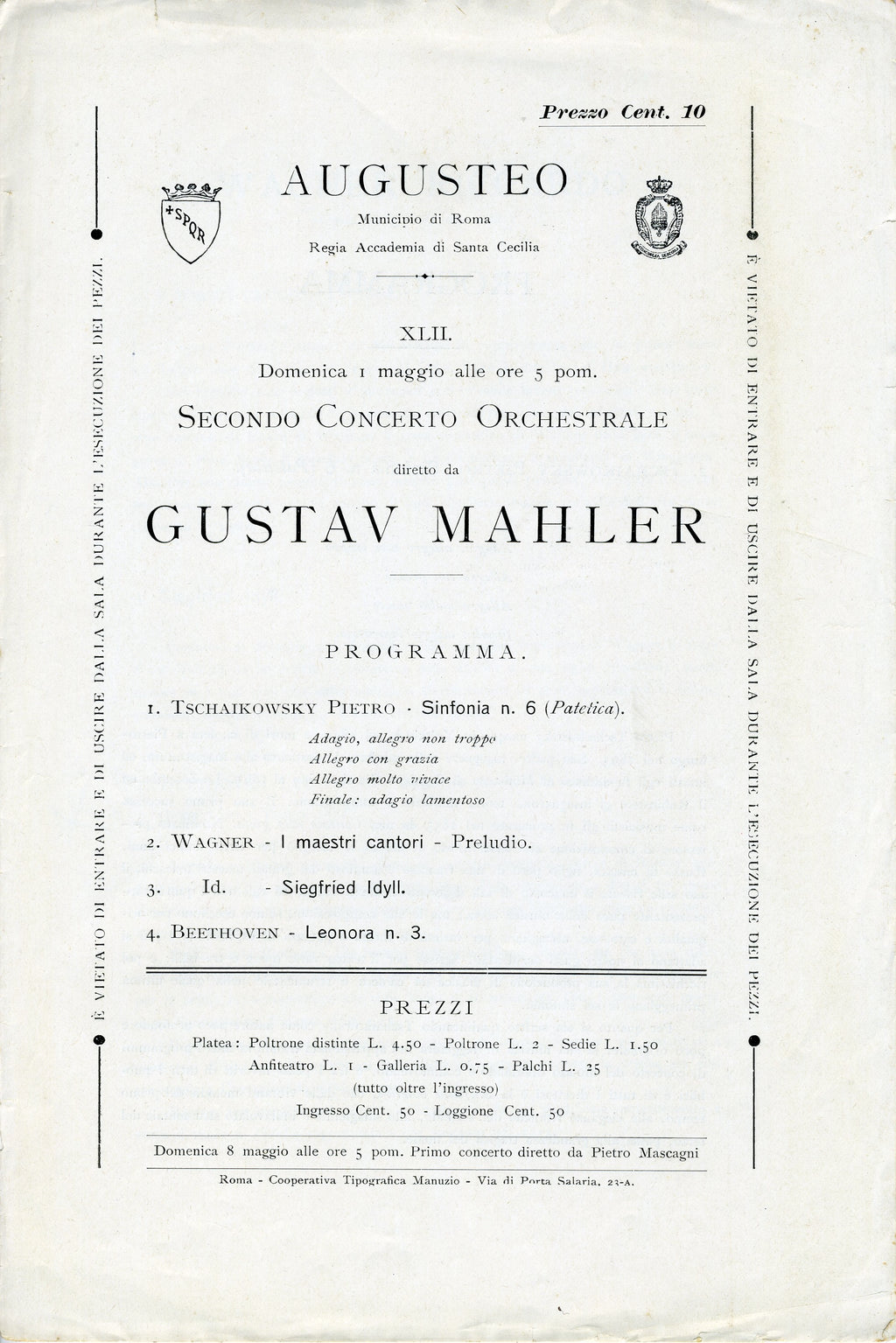 [Mahler, Gustav. (1860-1911)] Original 1910 Program from Conducting En ...