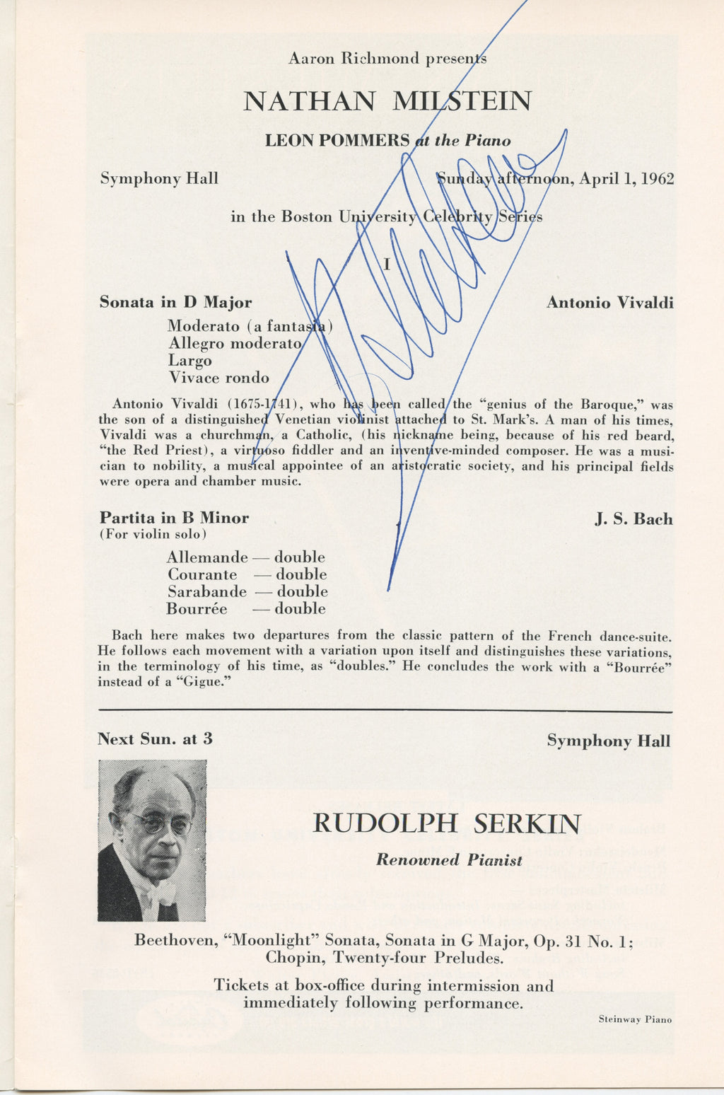 Milstein, Nathan. (1903–1992) Signed Program – Schubertiade Music and Arts