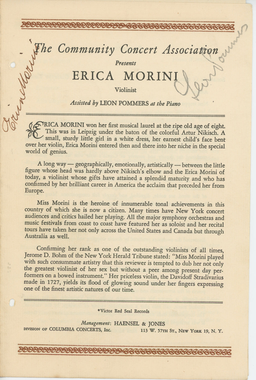 Morini, Erica. (1904-1995) Signed Program – Schubertiade Music and Arts