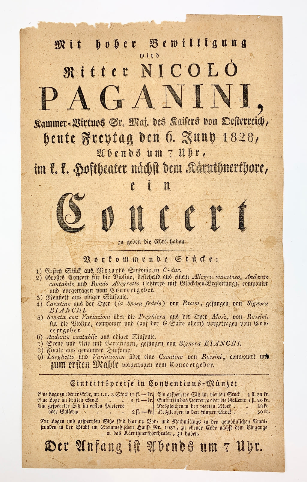 Paganini, Nicolò. (1782–1840) 1828 Vienna Concert Broadside from his f ...